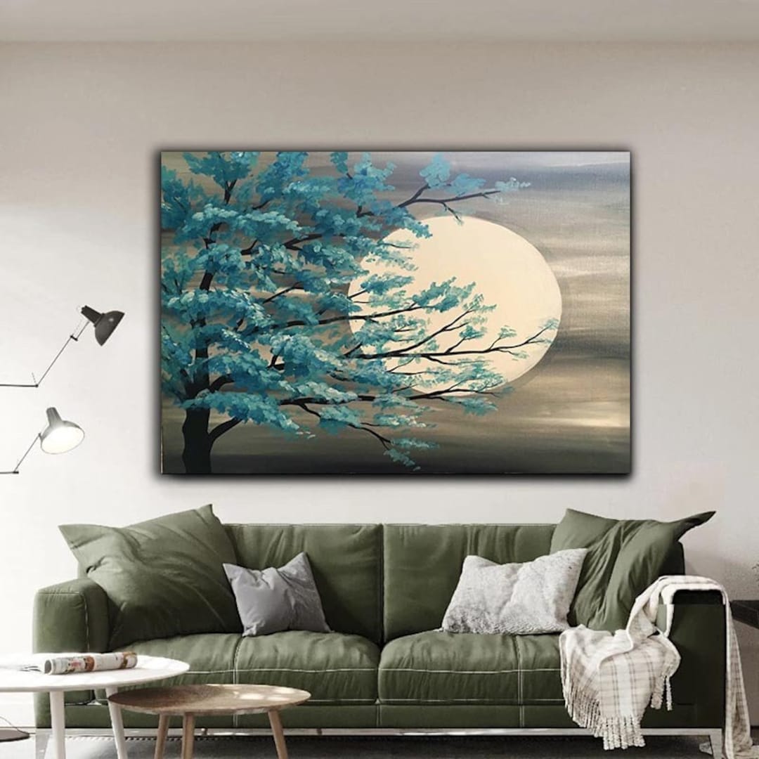Blue Tree and Full Moon Canvas Wall Art , Full Moon Canvas Painting ...