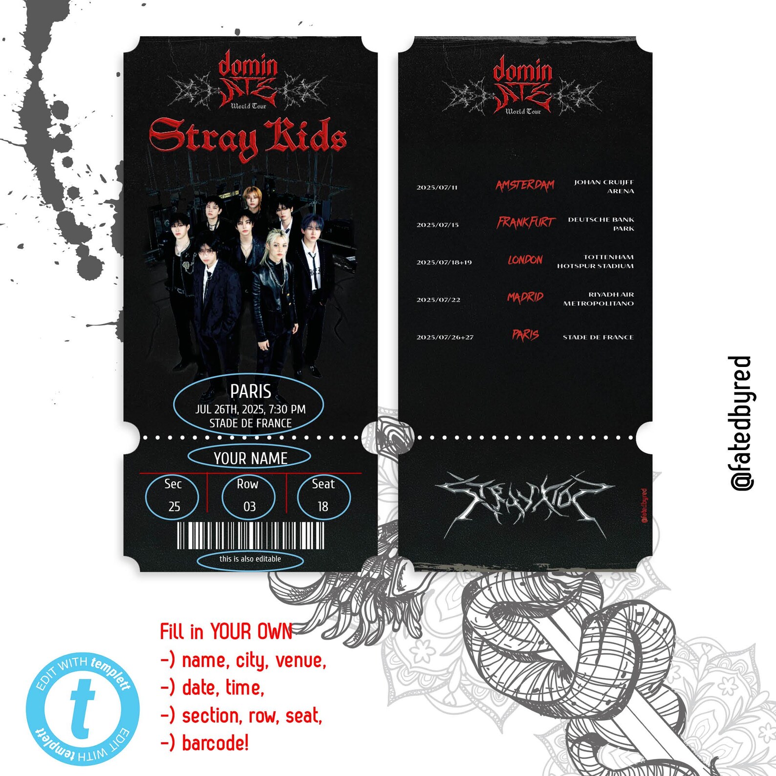 STRAYKIDS Dominate Digital TICKET, TOUR, Custom Editable Printable ...