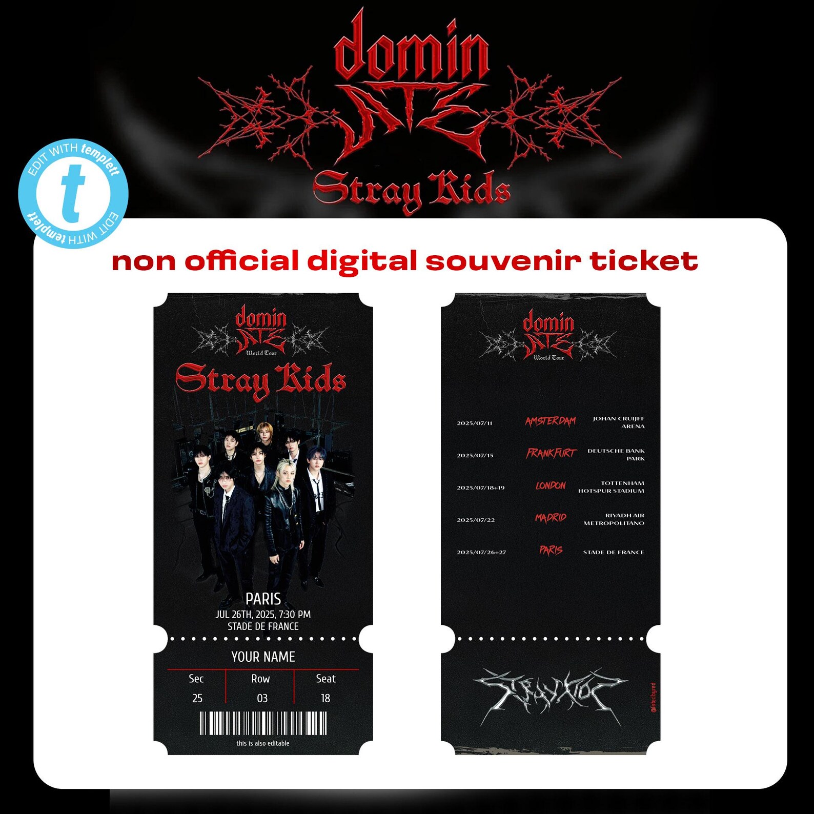 STRAYKIDS Dominate Digital TICKET, TOUR, Custom Editable Printable ...