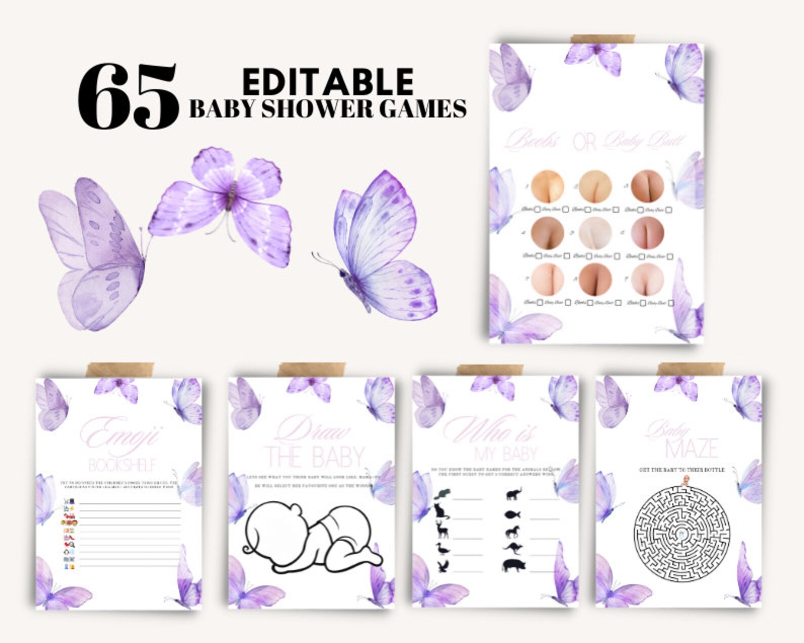 Editable Purple Butterfly Baby Shower Game Bundle, Girl Baby Shower ...