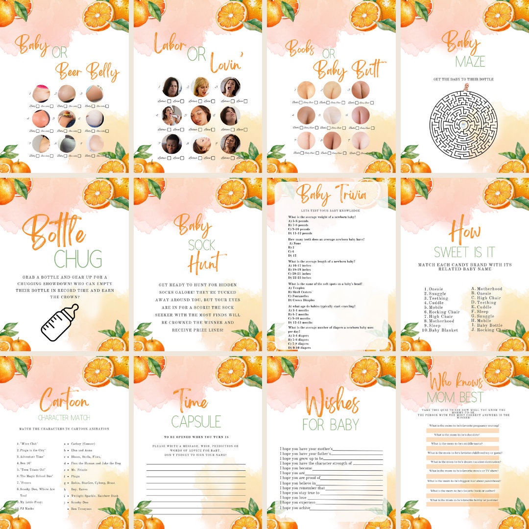 Cutie Baby Shower Game Bundle, Citrus Baby Shower Games, Orange Baby ...