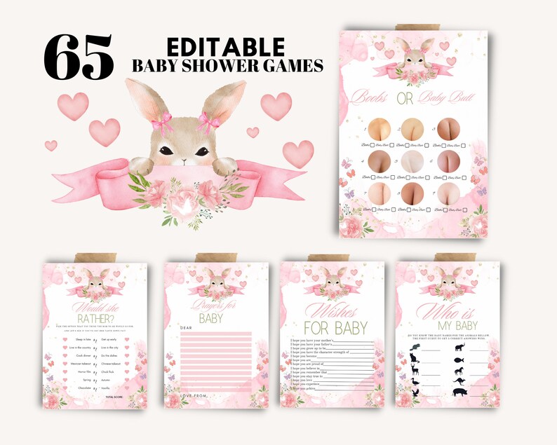 Editable A Little Bunny is on the Way Baby Shower Game Bundle, Floral ...