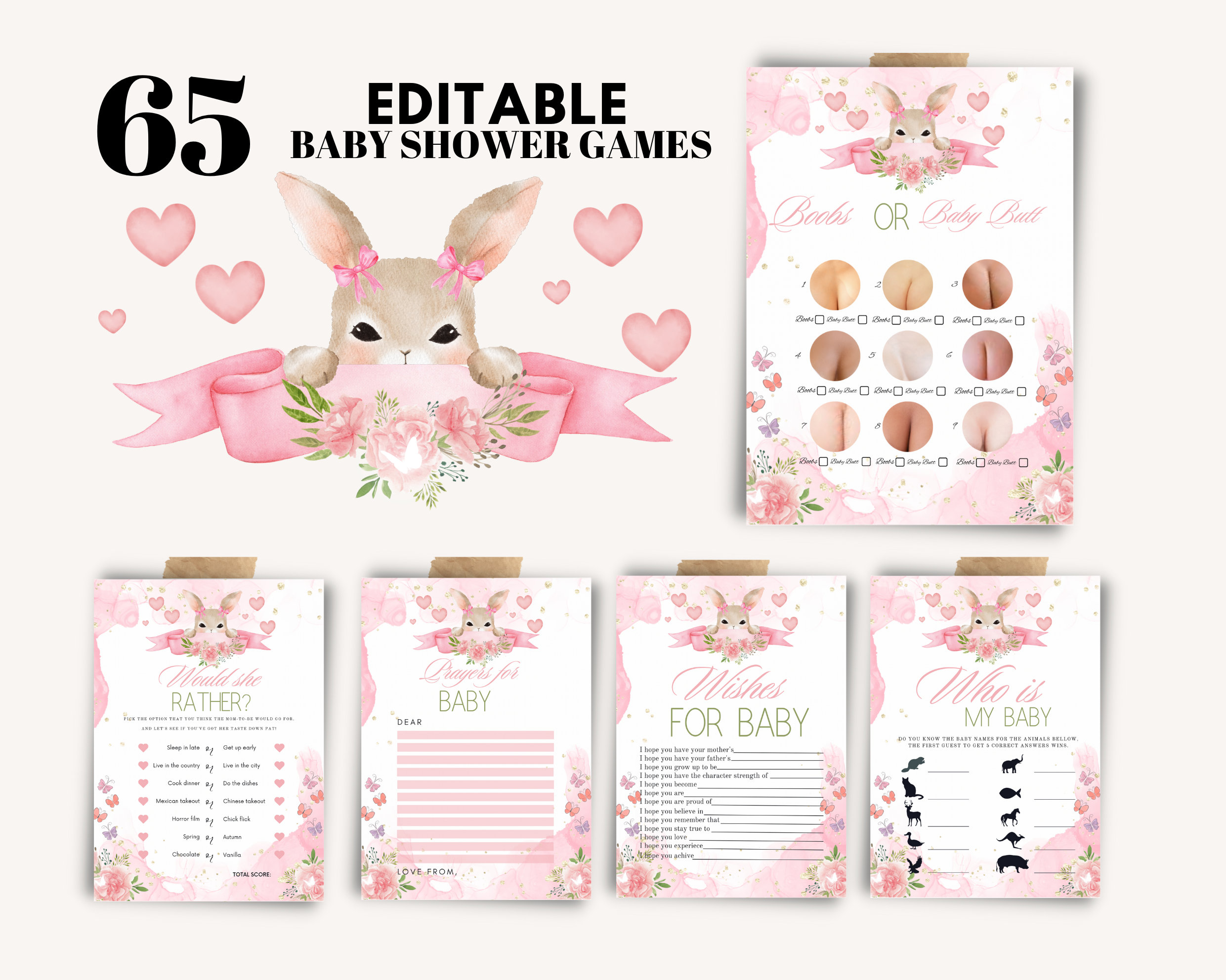 Editable A Little Bunny is on the Way Baby Shower Game Bundle, Floral ...