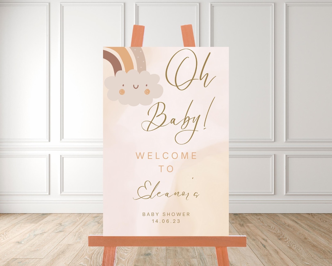 Letrero de bienvenida para baby shower con arcoíris bohemio editable ...