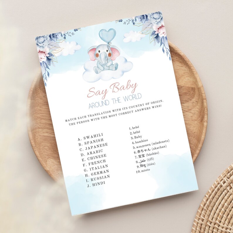 Editable Elephant Baby Shower Game Bundle, Blue Floral Elephant Baby ...