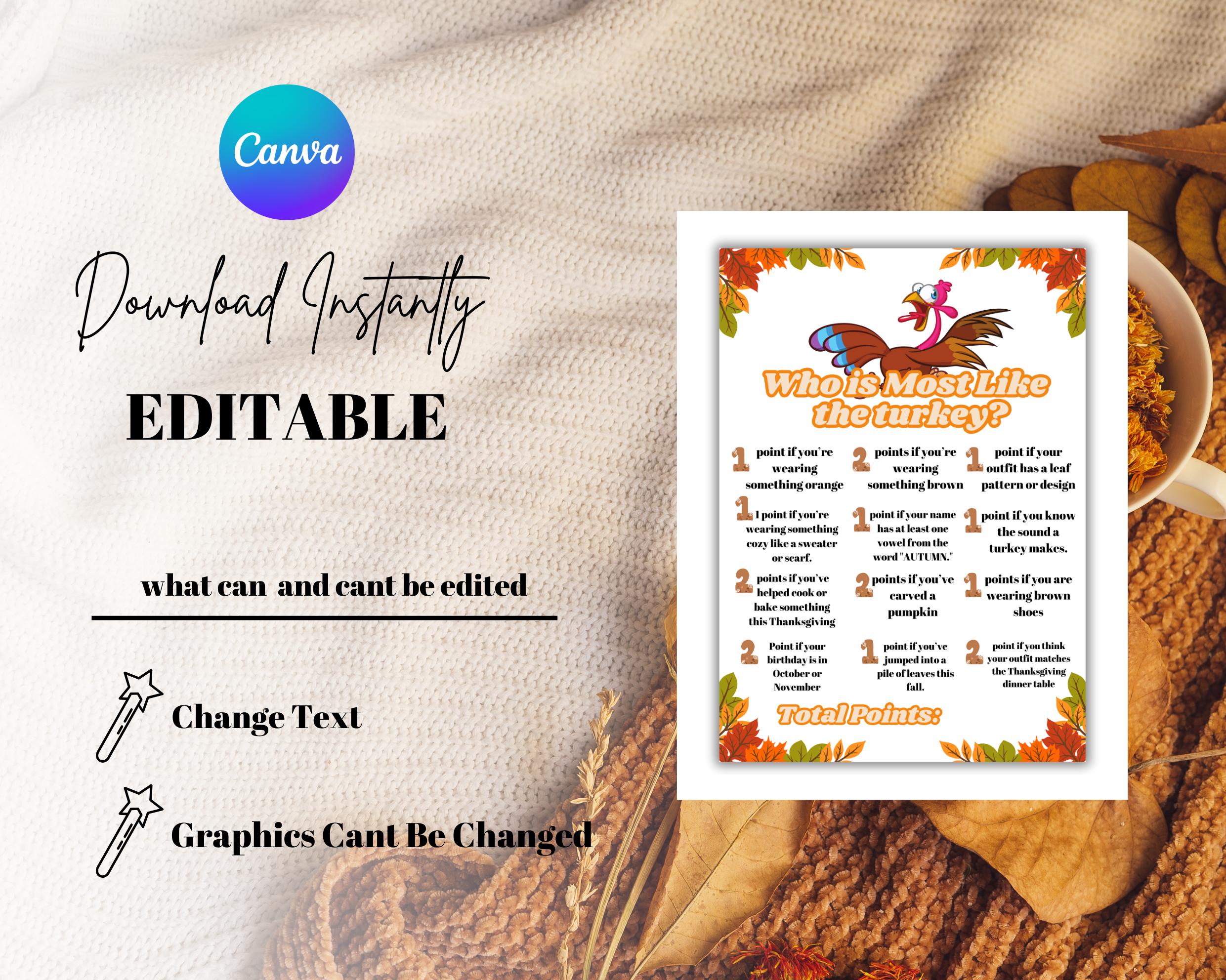 Printable Thanksgiving Game, Family Thanksgiving Turkey Game, Dinner ...