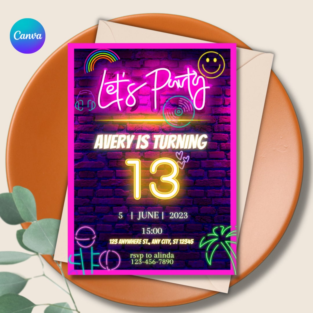 Editable Neon Birthday Invitation, Lets Glow Party Invite, Glow in the ...