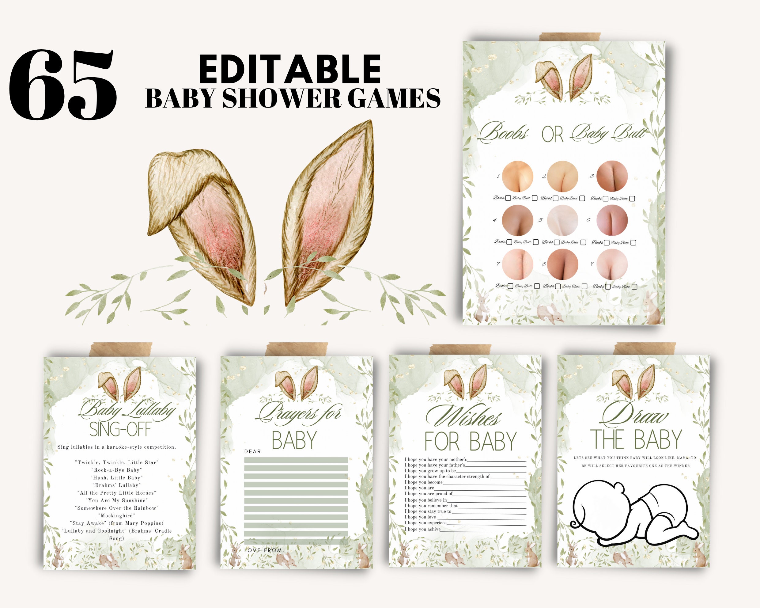 Rabbit Baby Shower Games, Greenery Baby Shower Games, Eucalyptus Bunny ...