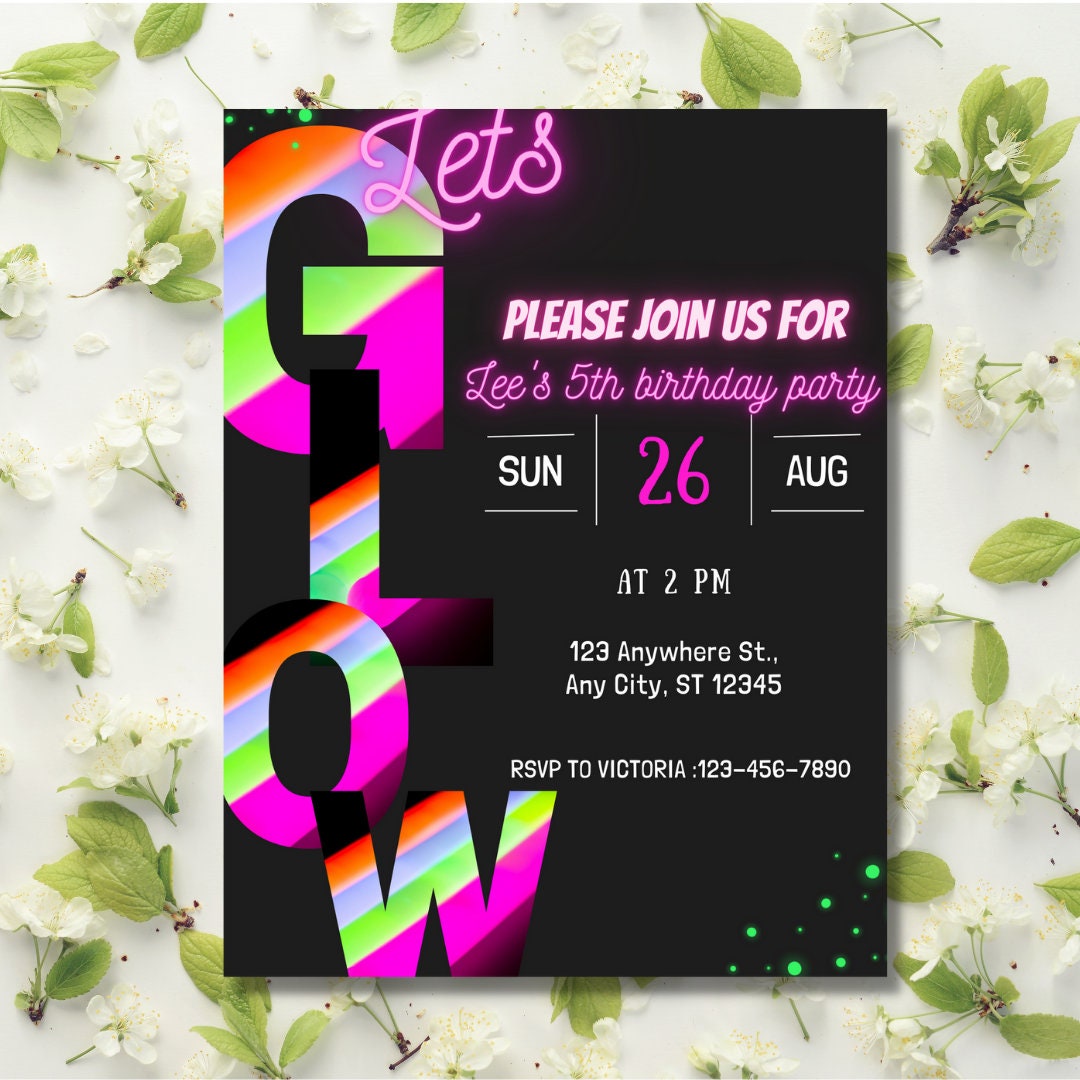 Neon Glow Birthday Invitation Glow Party Invitation, Neon in the Dark ...