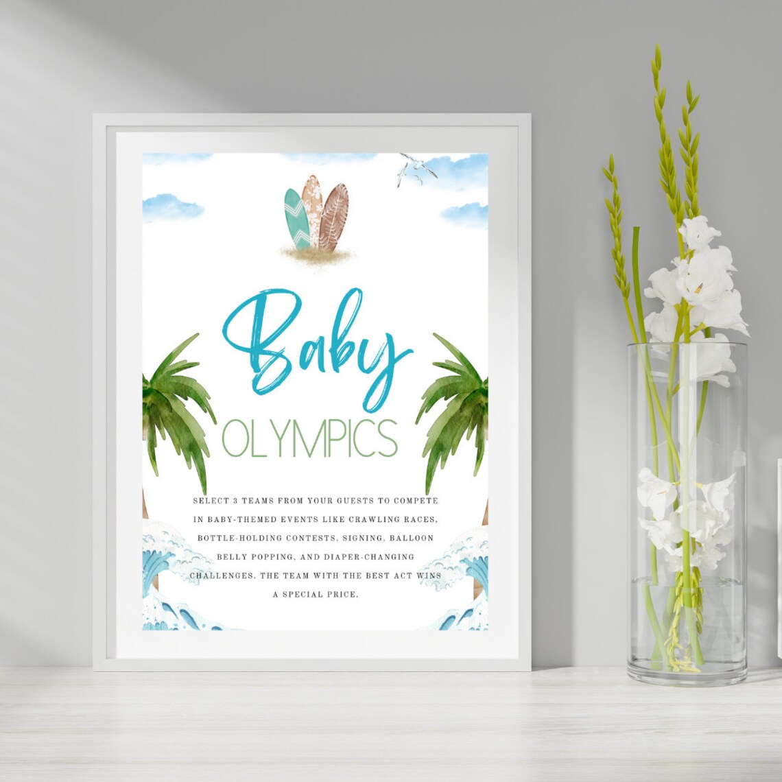 Editable Blue Baby on Board Baby Shower Game Bundle, Boy Surf Board ...