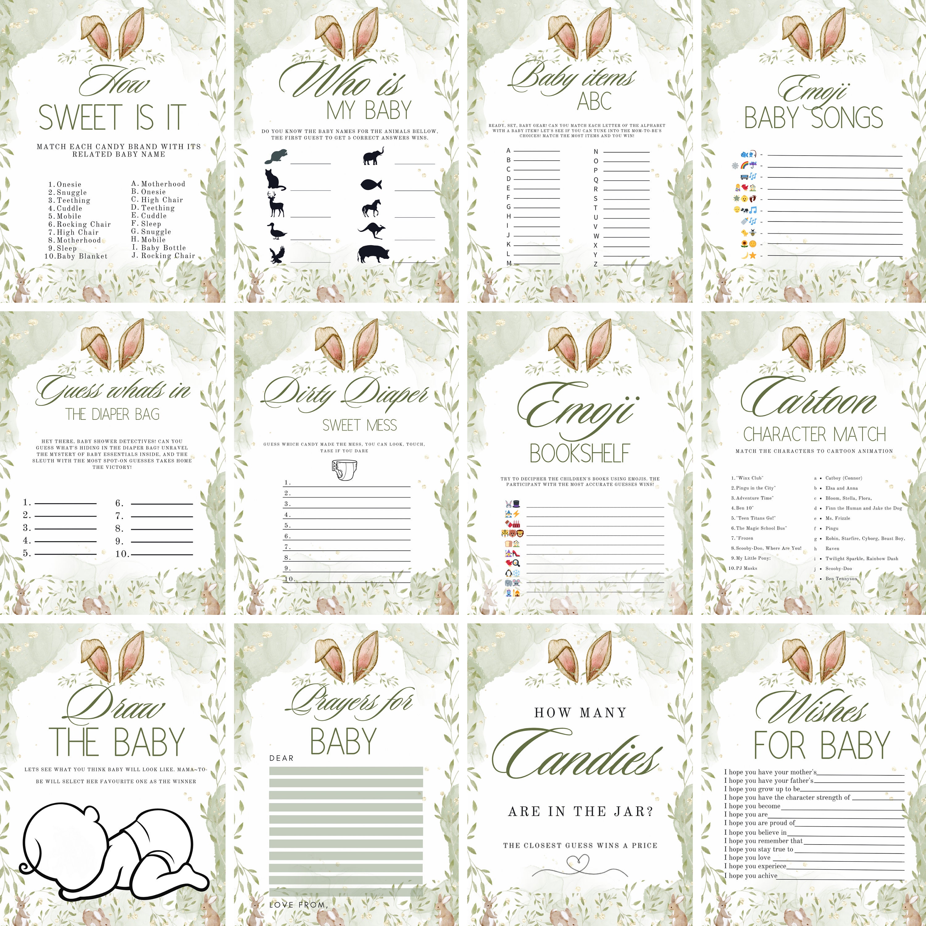 Rabbit Baby Shower Games, Greenery Baby Shower Games, Eucalyptus Bunny ...