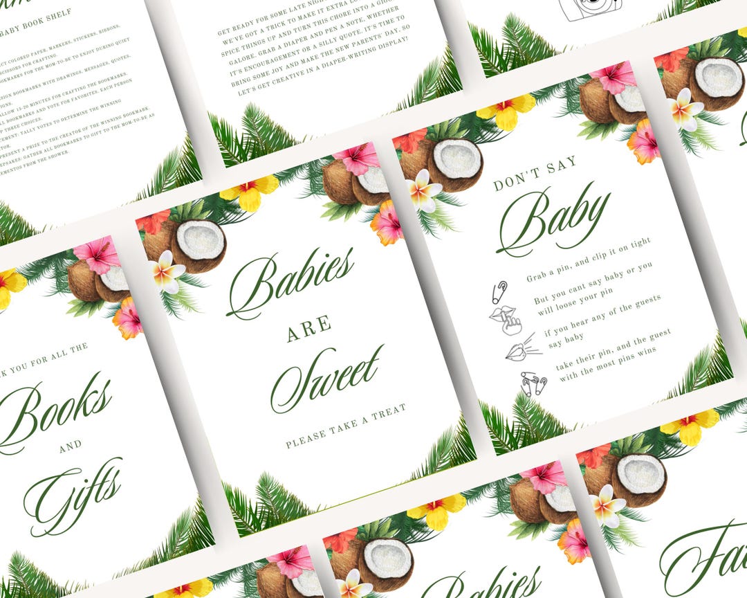 10 Coconut Tropical Baby Shower Game Sign Bundle, Floral Baby Shower ...