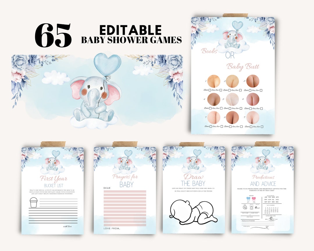 Editable Elephant Baby Shower Game Bundle, Blue Floral Elephant Baby ...