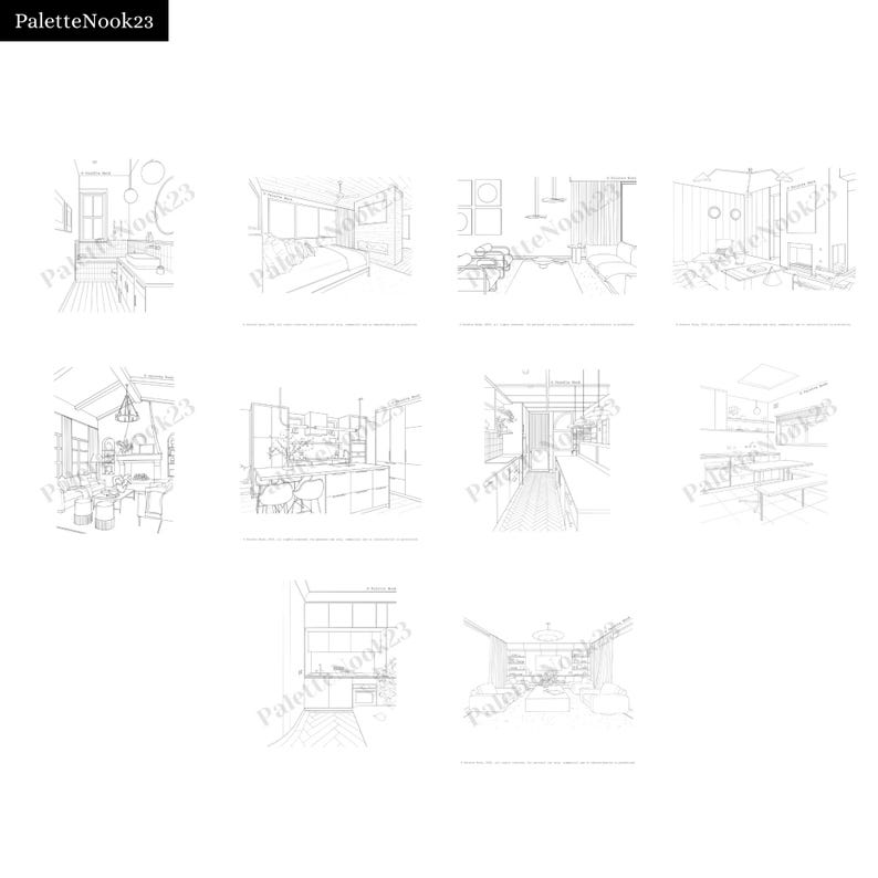Modern Interior Rendering Templates | 10 Hand-drawn Pages for Design ...