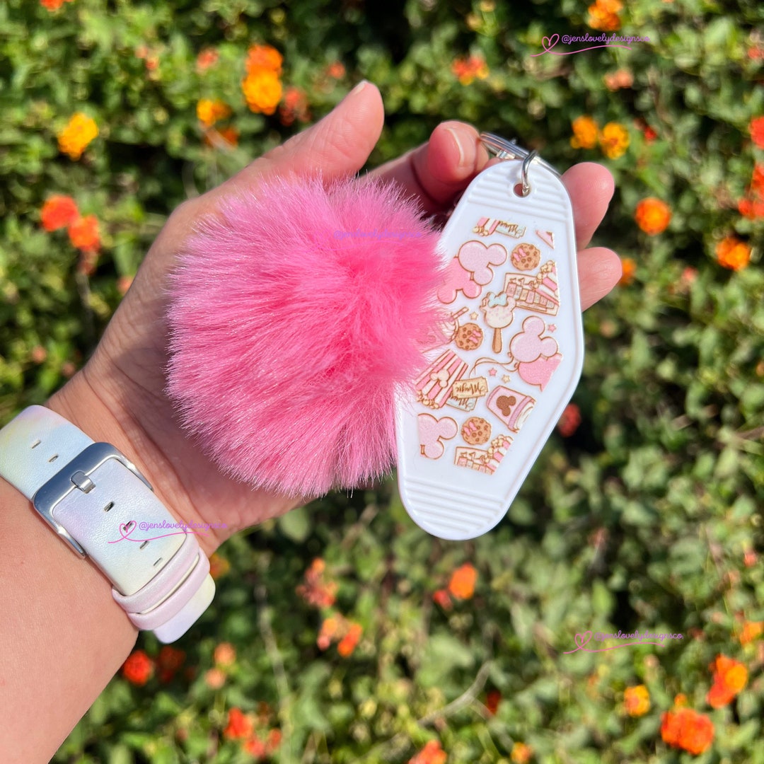 White Mouse Snacks Motel Keychain With Pink Fluff Pom Pom - Etsy