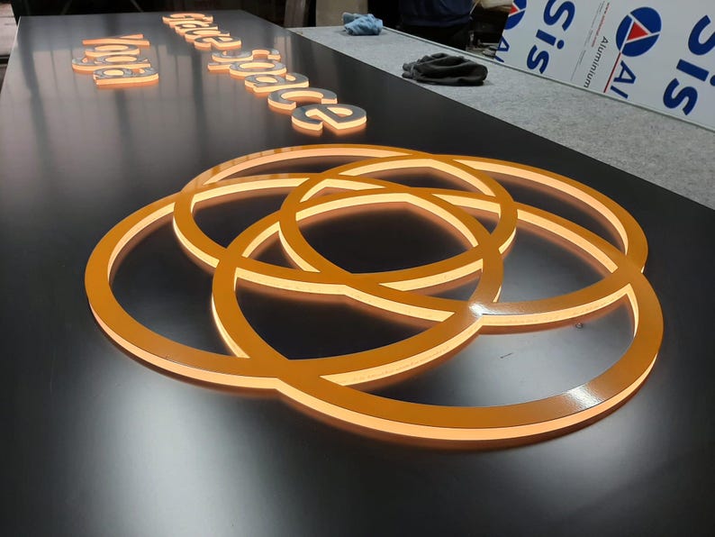 SIGNBOARD "grace Space Yoga" and "logo", Stainless Gold Chrome, Warm ...