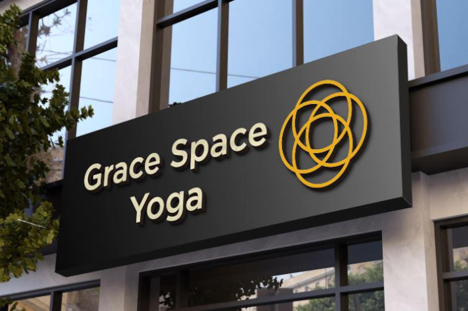 SIGNBOARD "grace Space Yoga" and "logo", Stainless Gold Chrome, Warm ...