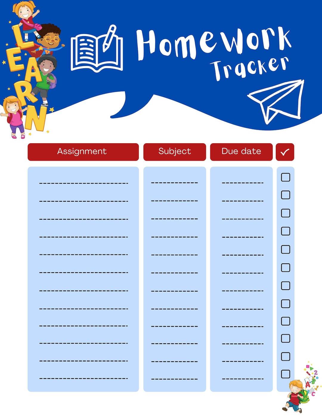 Children Assignment Tracker, Downloadable Children Homework Tracker ...
