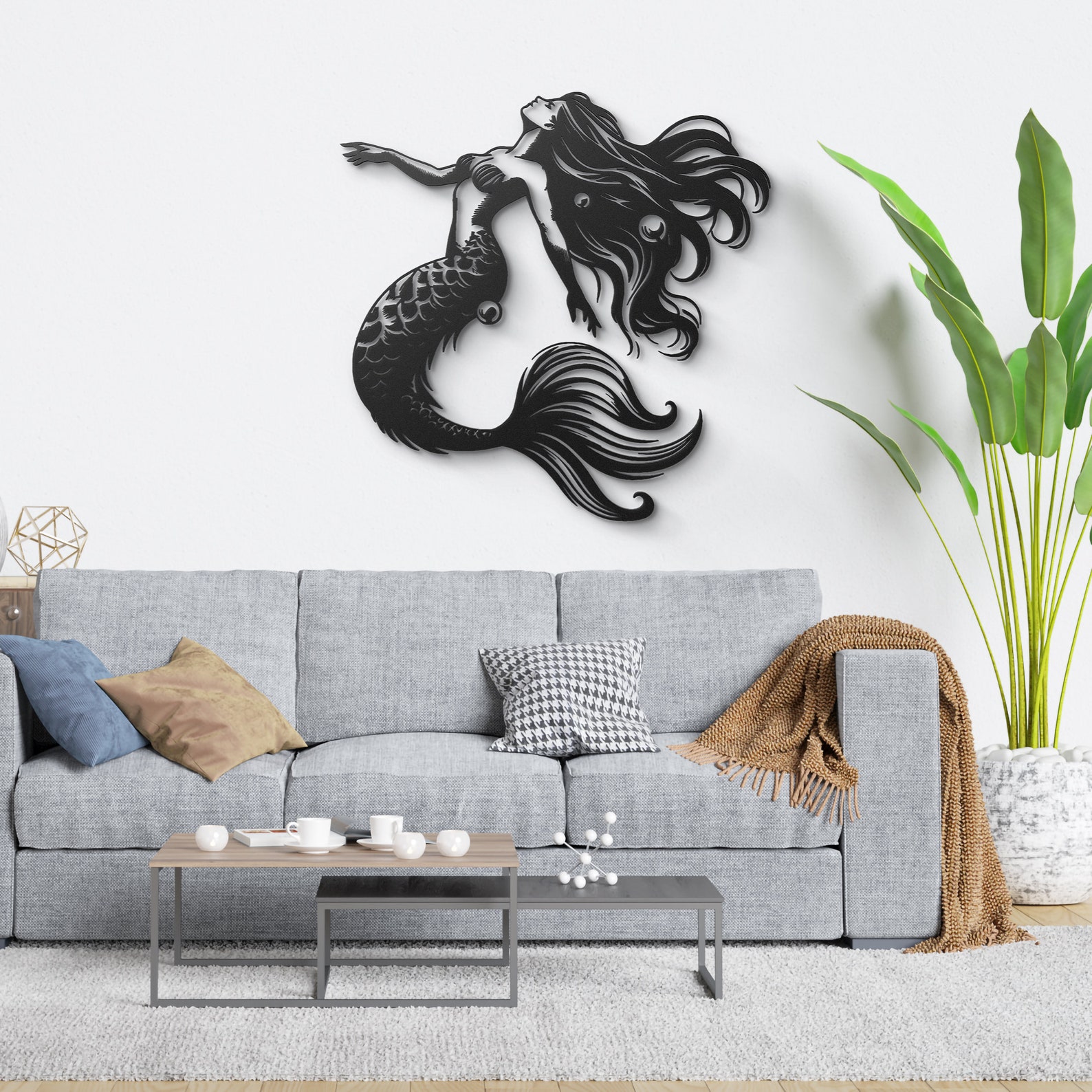 Elegant Mermaid Embrace Metal Wall Art: Graceful Ocean Siren in Flowing ...