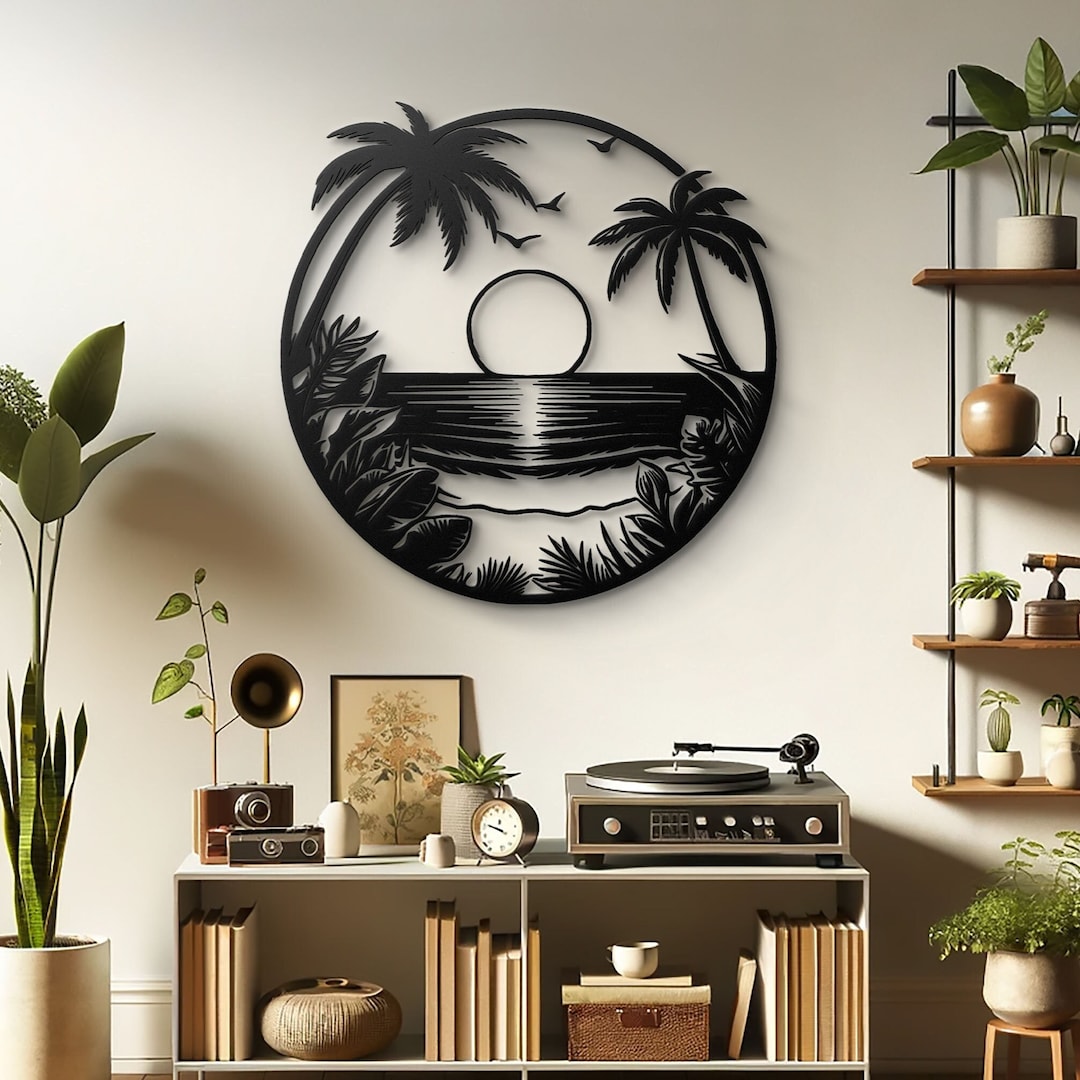 Tropical Sunset Metal Wall Art – Palm Trees and Ocean View, Relaxing ...