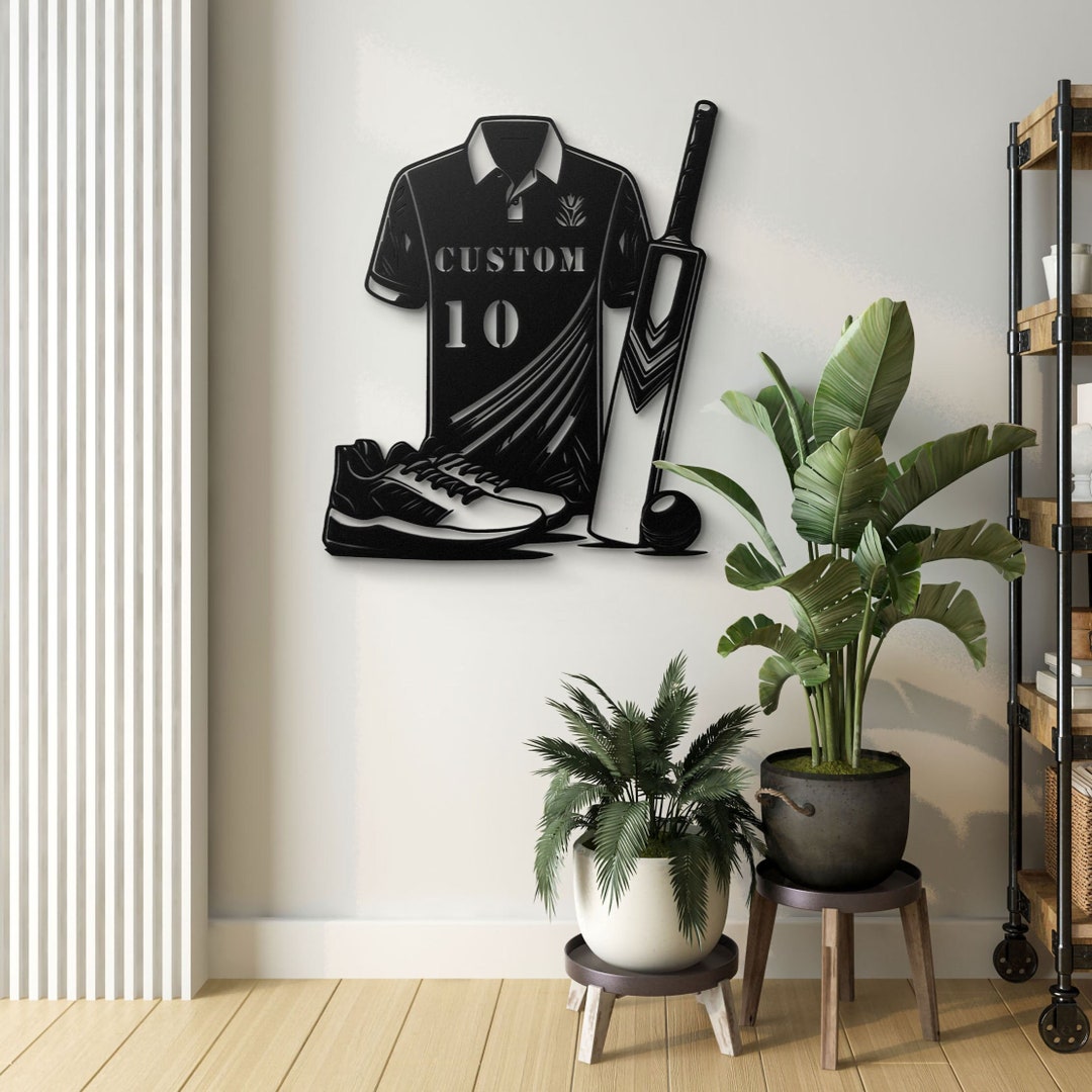 Custom Cricket Gear Metal Wall Art – Personalized Jersey, Bat, and Ball ...