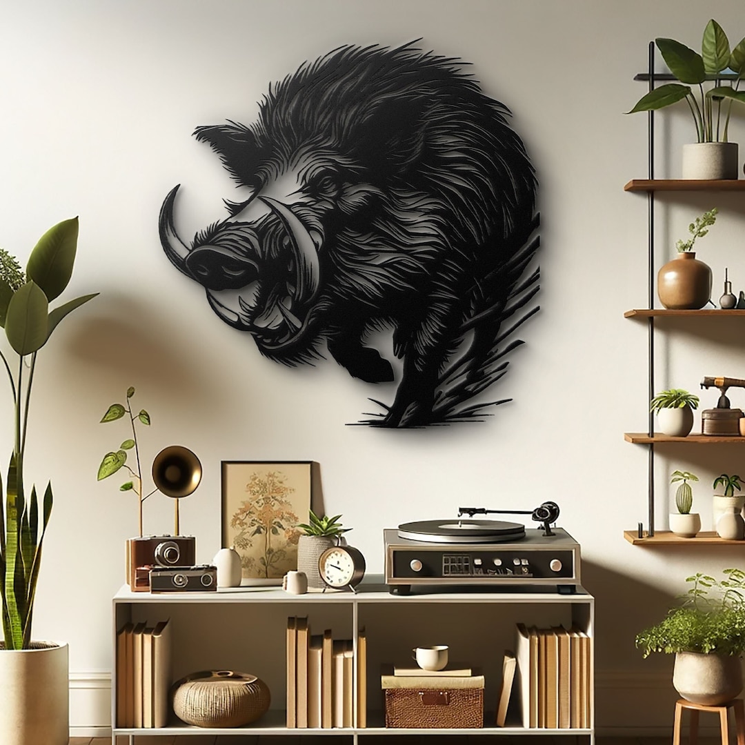 Wild Boar Metal Wall Art Charging Boar Silhouette Rustic Black and ...