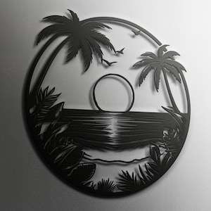 Tropical Sunset Metal Wall Art – Palm Trees and Ocean View, Relaxing ...
