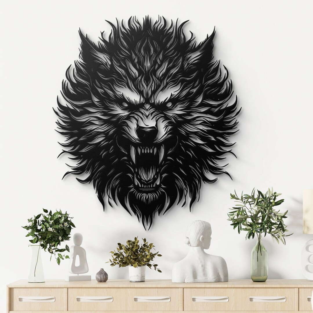 Wolf Head Metal Wall Art Fierce Roaring Wolf Face Striking Black and ...