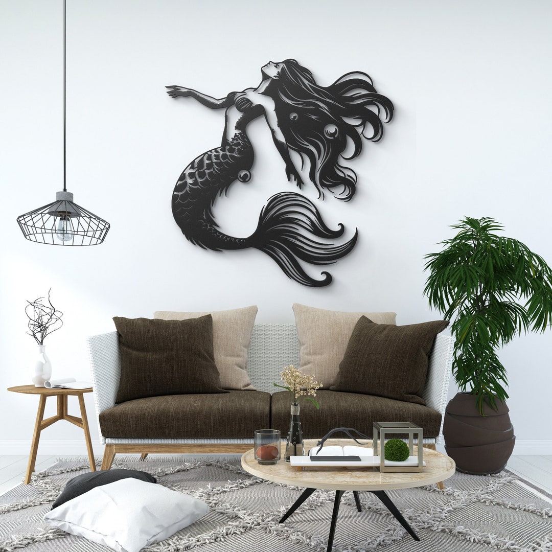 Elegant Mermaid Embrace Metal Wall Art: Graceful Ocean Siren in Flowing ...