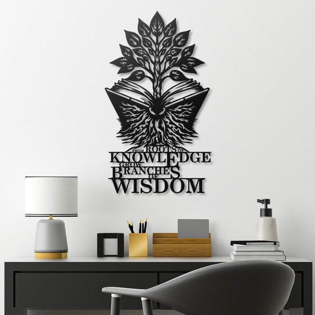 Knowledge and Wisdom Tree Metal Wall Art: Rooted Book Design With ...