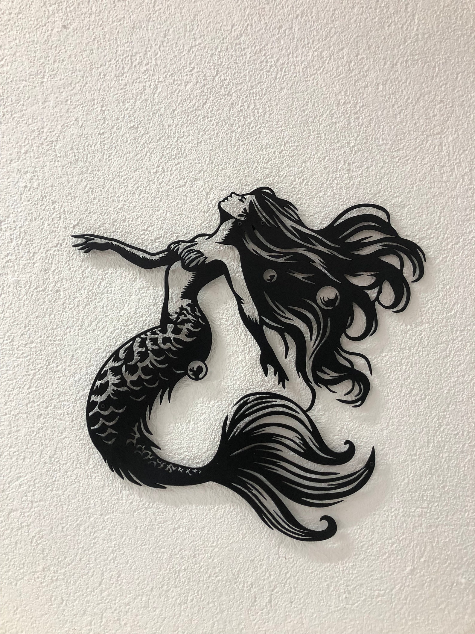 Elegant Mermaid Embrace Metal Wall Art: Graceful Ocean Siren in Flowing ...