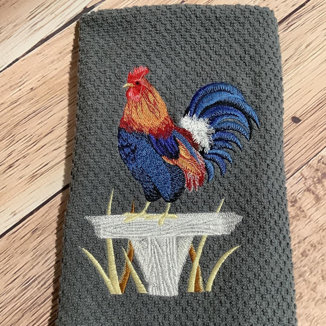 Embroidered Rooster Towel - Jungle Fowl Rooster - Rooster on Fence ...
