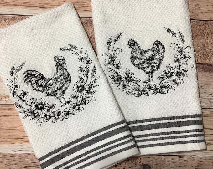 Chicken Kitchen Towel, Handprinted Kitchen Towel, Hen and Rooster ...