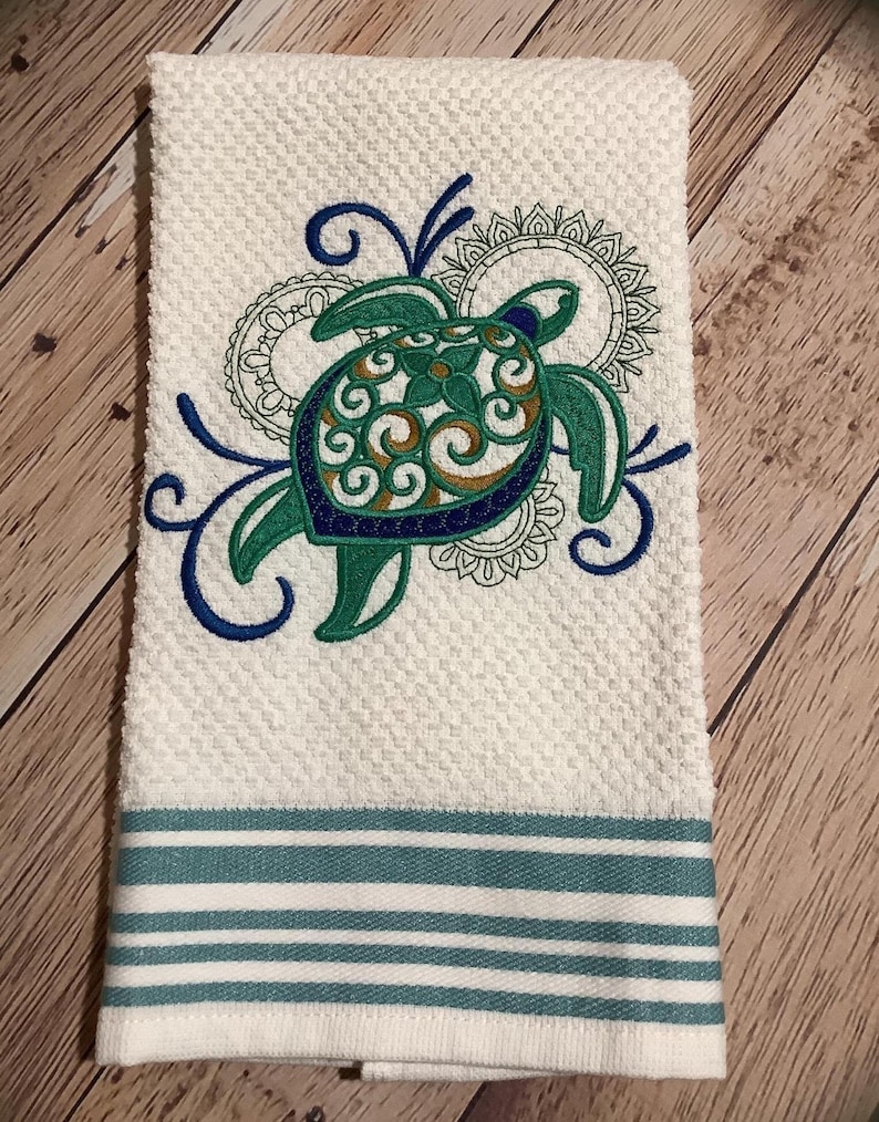 Sea Turtle Embroidered Towel Turtle Hand Towel or Kitchen Towel Sea ...