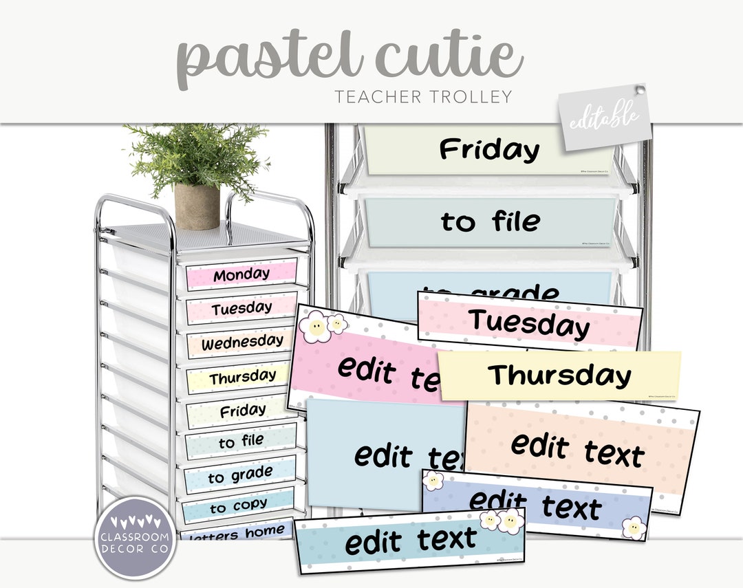 PASTEL CUTIE Teacher Trolley Labels, 10 Drawer Rolling Cart Label ...