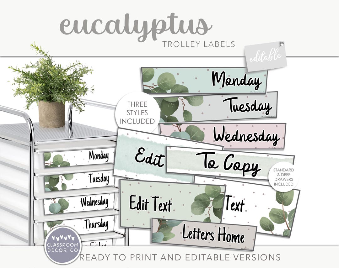 EUCALYPTUS Teacher Trolley Labels, 10 Drawer Rolling Cart Label Bundle ...