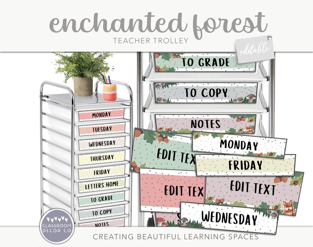 ENCHANTED FOREST Teacher Trolley Labels, 10 Drawer Rolling Cart, Rustic ...