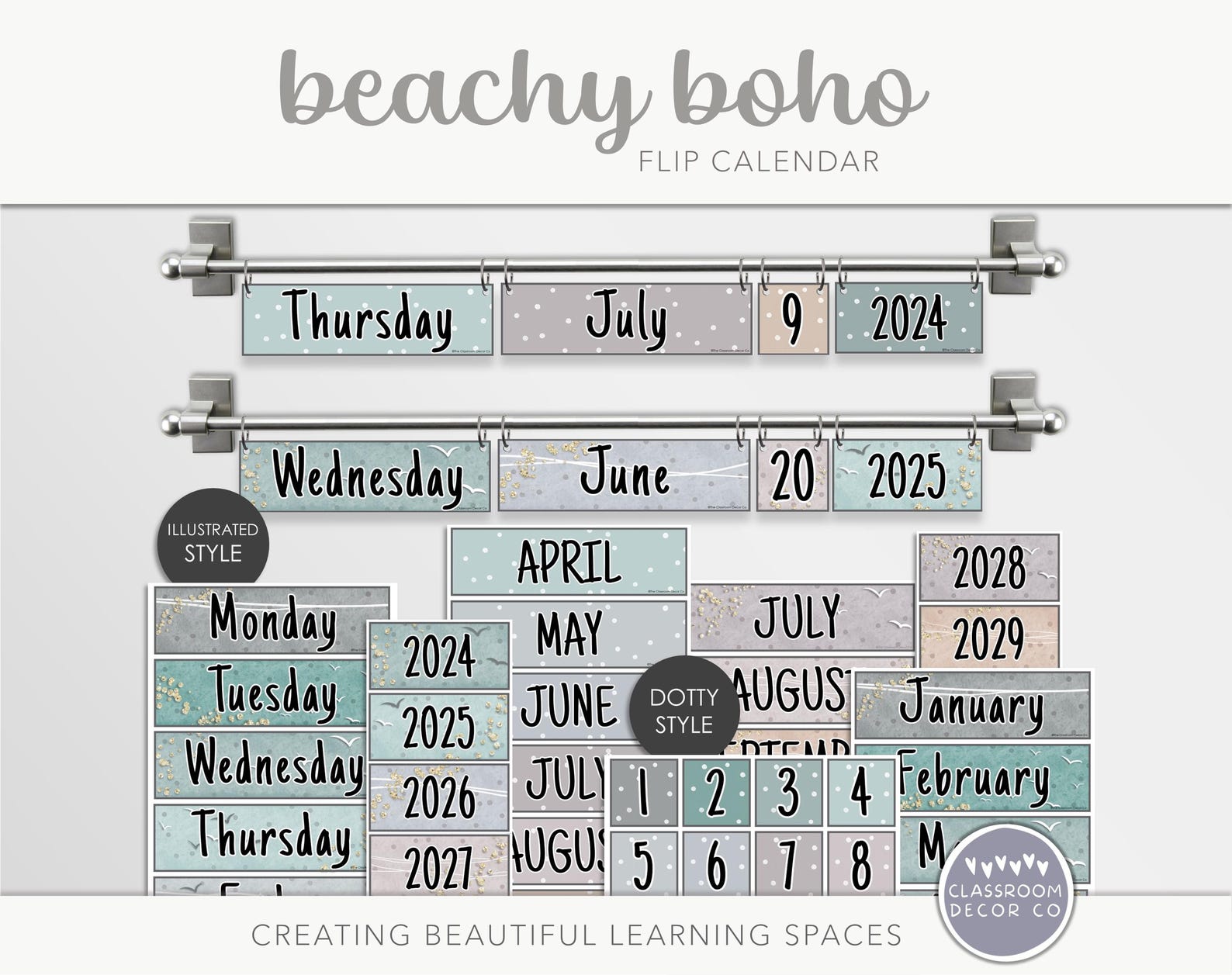 BEACHY BOHO Flip Calendar, Coastal Boho Display, Neutral Decor Date ...