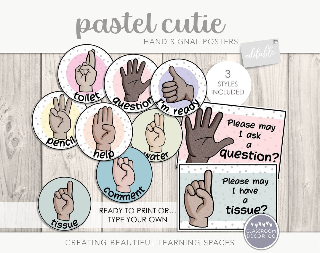 PASTEL CUTIE Hand Signal Posters, Editable Classroom Communication ...