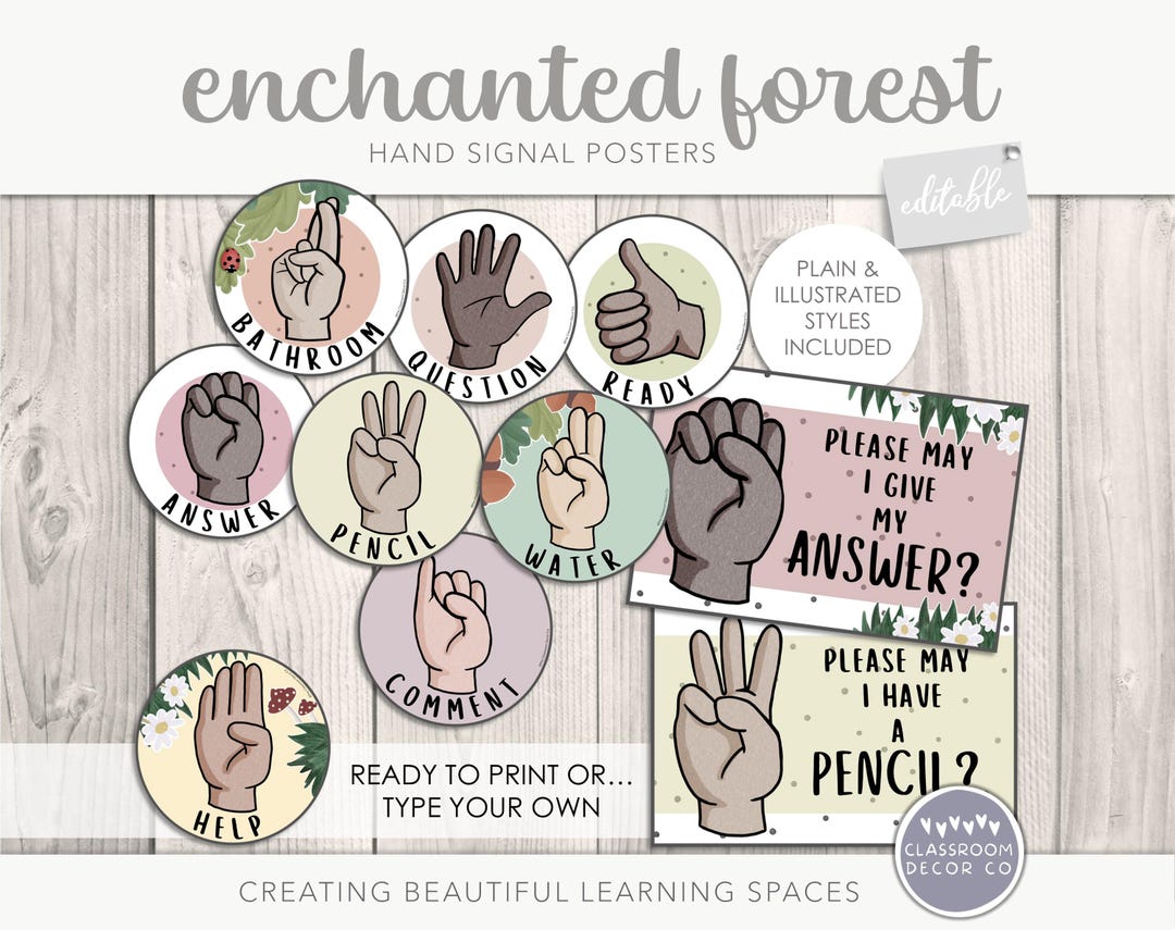 ENCHANTED FOREST Hand Signal Posters, Editable Classroom Communication ...