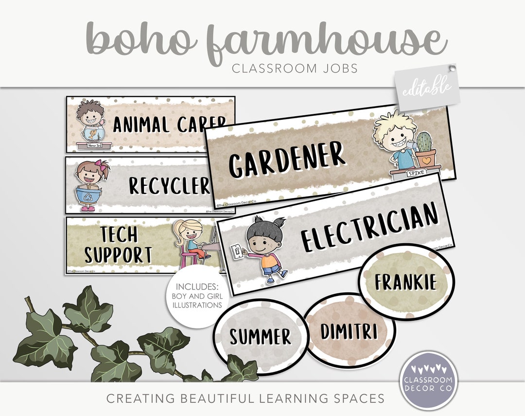 BOHO FARMHOUSE Classroom Jobs, Editable Classroom Jobs Display, Modern ...
