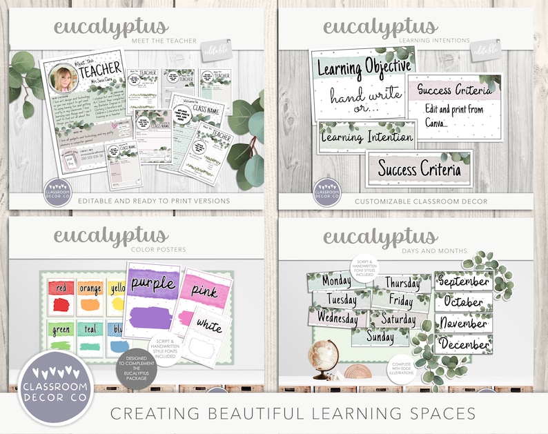 EUCALYPTUS Complete Classroom Display Bundle, Customizable Display ...