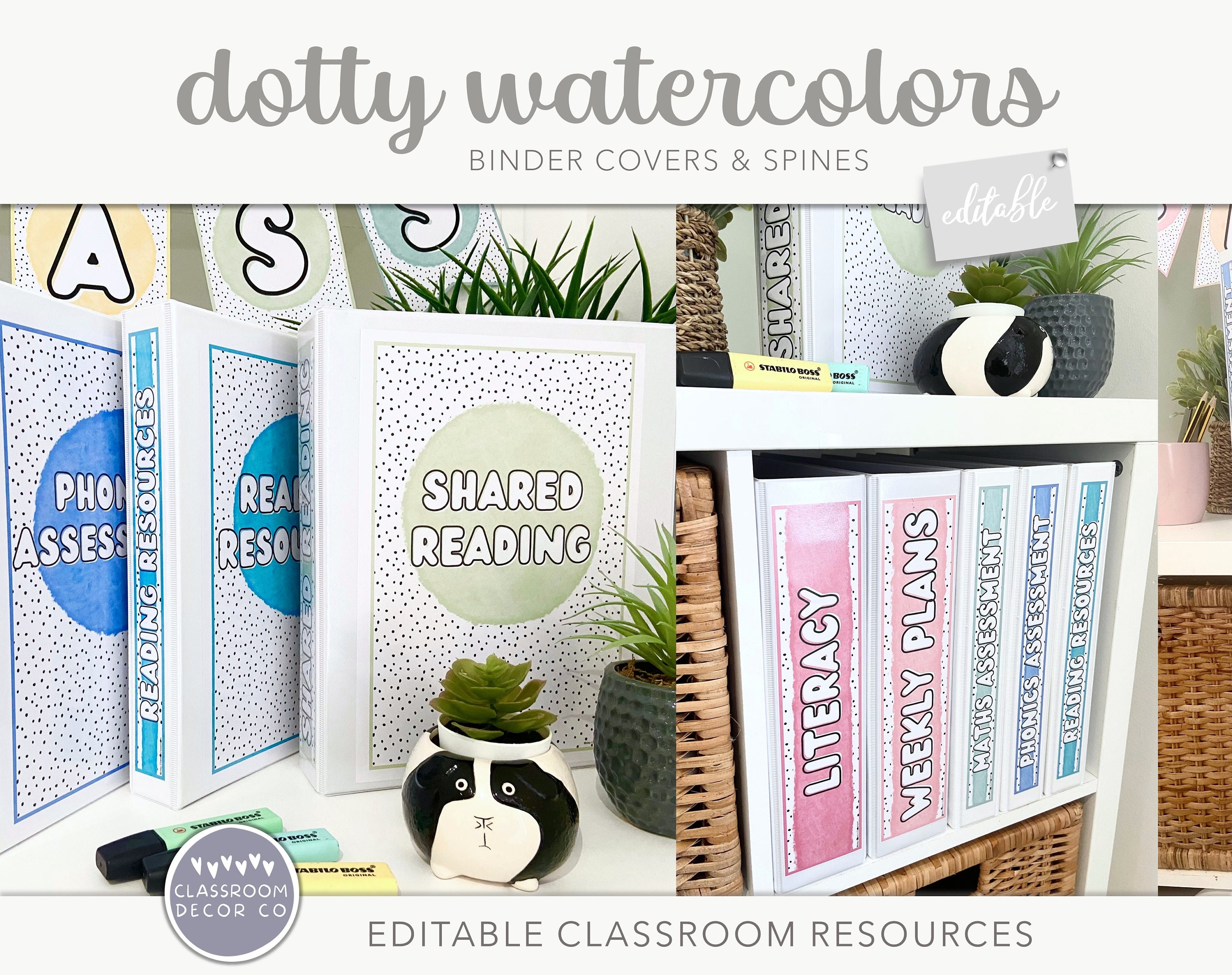 DOTTY WATERCOLOR Binder Covers and Spines, Bright Rainbow Classroom ...