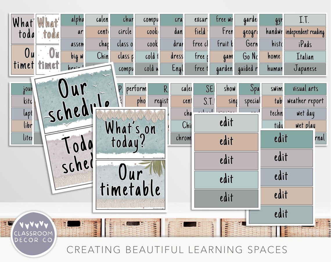 BEACHY BOHO Daily Schedule, Classroom Timetable Display Organizer ...