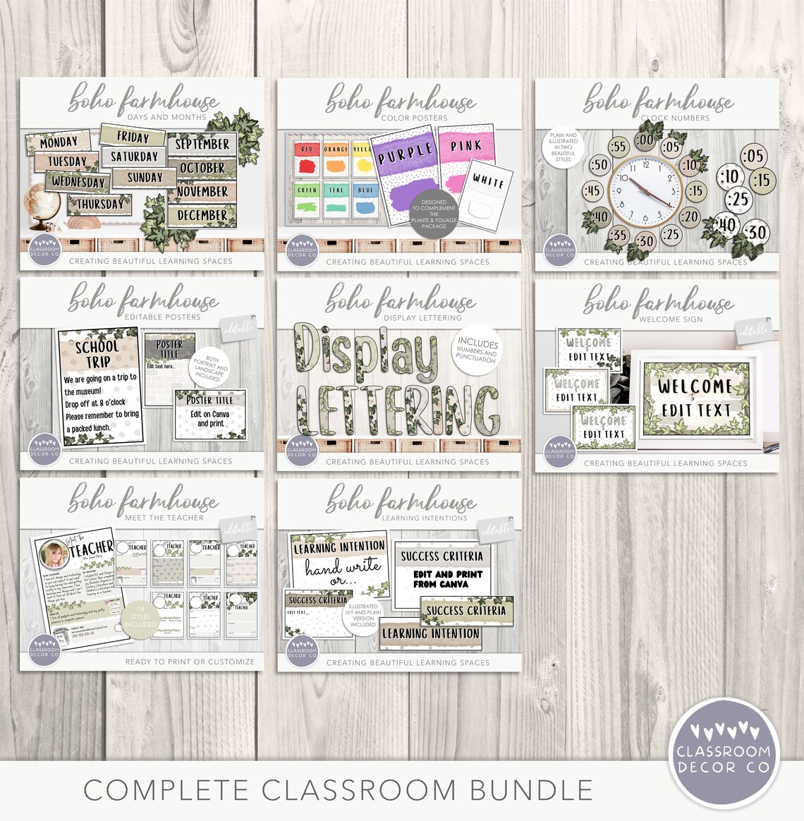 BOHO FARMHOUSE Complete Classroom Display Bundle, Customizable Display ...