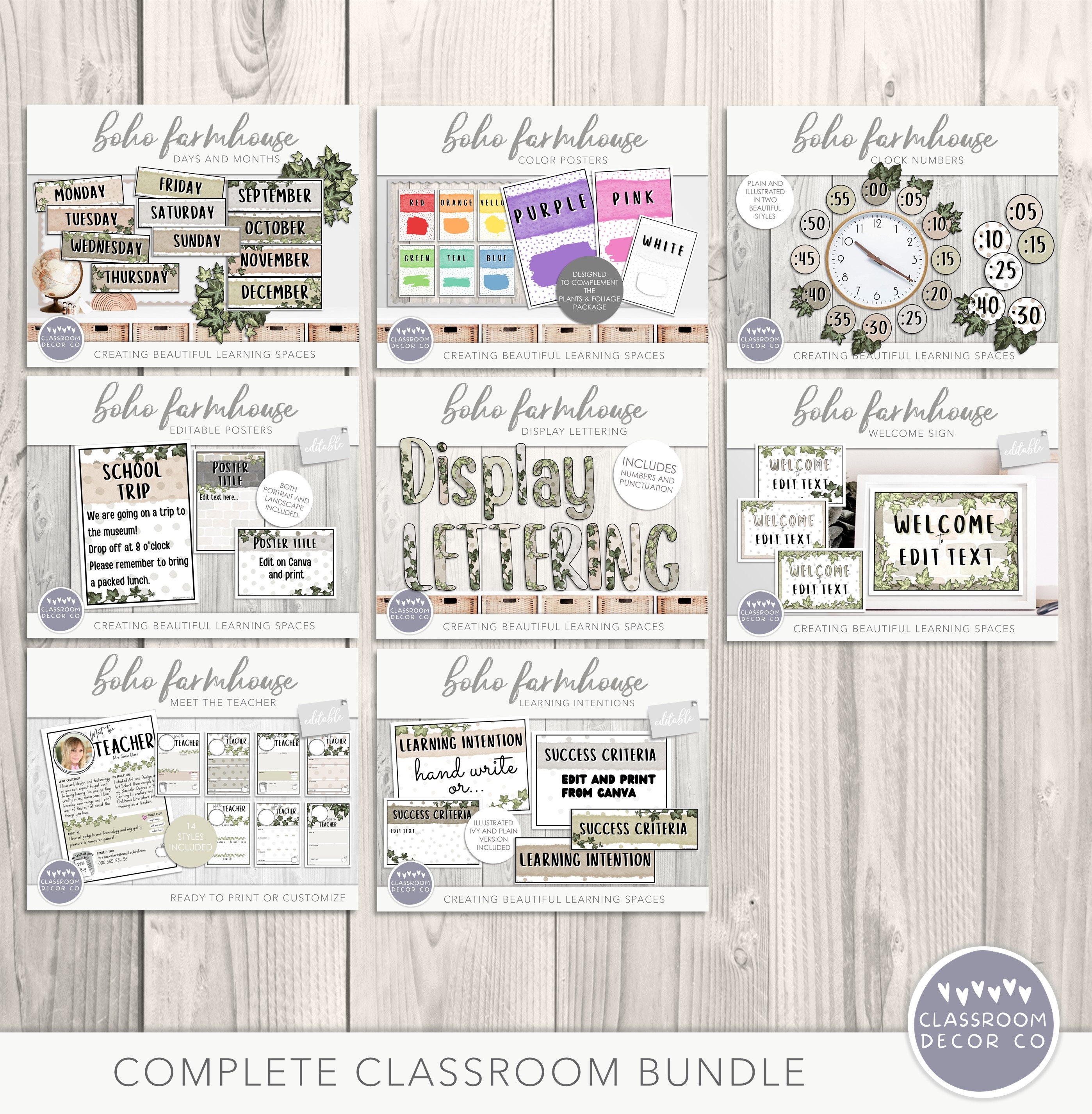 BOHO FARMHOUSE Complete Classroom Display Bundle, Customizable Display ...