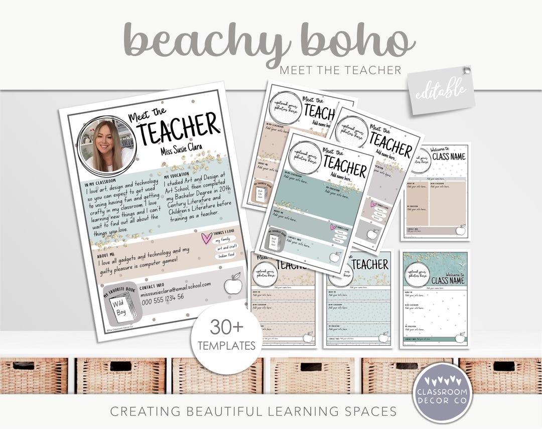 BEACHY BOHO Meet the Teacher, Customizable Teacher Fact File ...