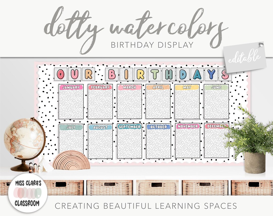 DOTTY WATERCOLOR Classroom Birthday Display Editable Bright - Etsy