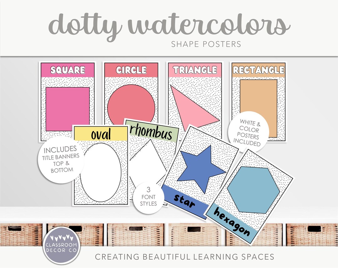DOTTY WATERCOLOR Shape Posters, Classroom Printables, Bright Rainbow ...