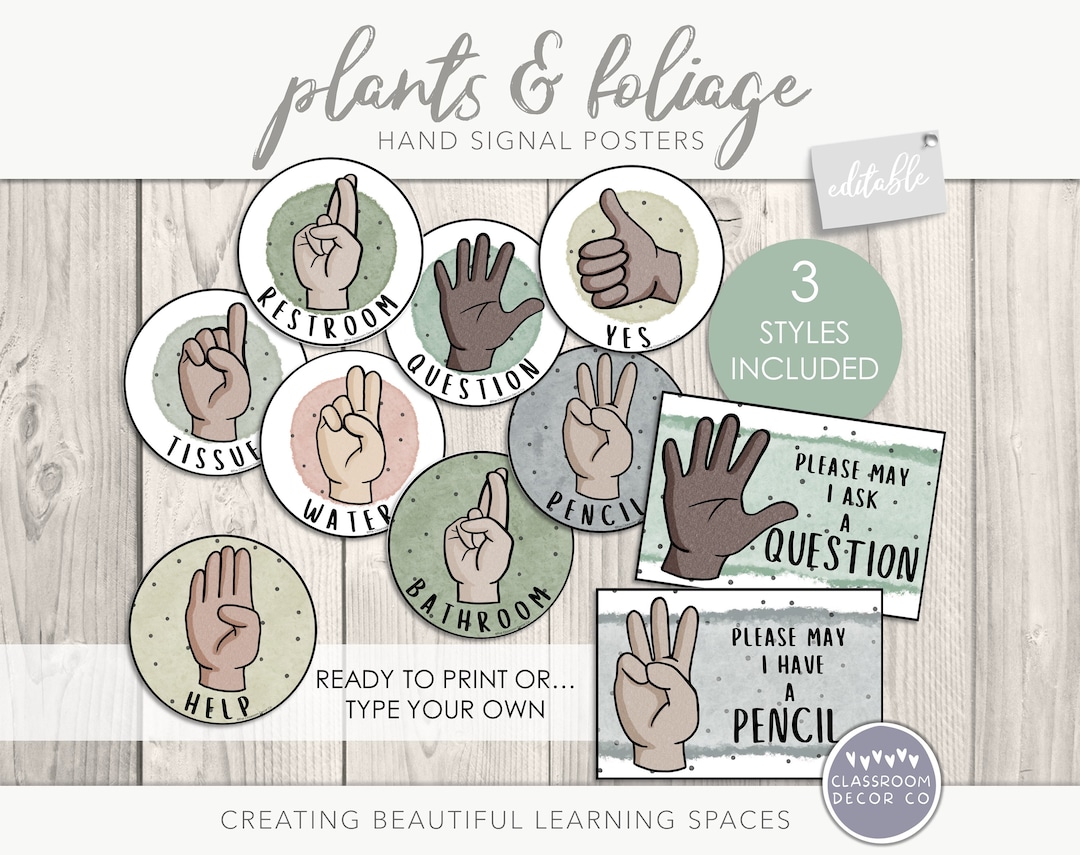 PLANTS & FOLIAGE Hand Signal Posters Editable Classroom - Etsy